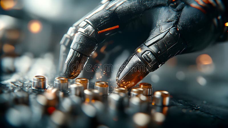 Robotic Hand Interacting with a Control Panel, Emitting Sparks and ...