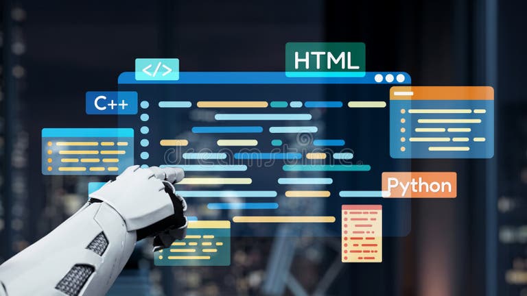 Robotic Hand Interacting with Digital Code Interface Featuring Various Programming Languages in ...