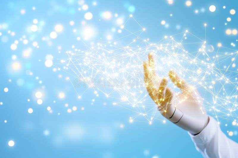 Robotic Hand Interacting with Digital Network on Light Blue Background ...