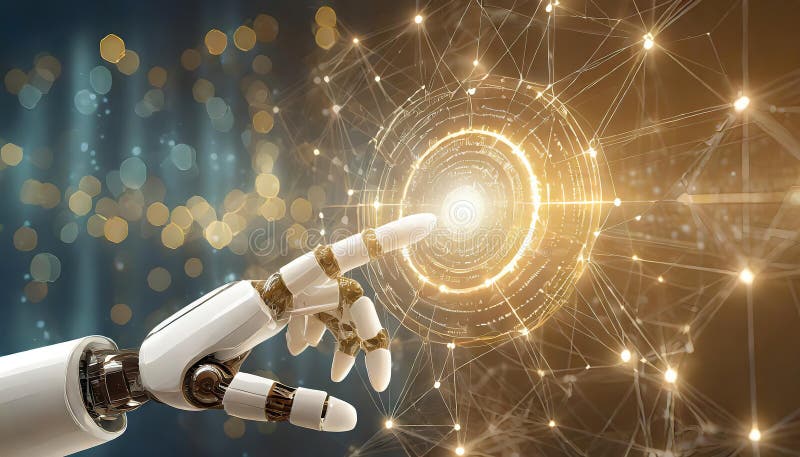 Robotic Hand Interacting with Digital Network Stock Illustration - Illustration of software ...