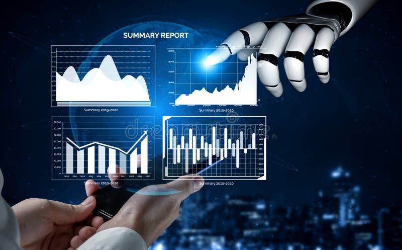Robotic Hand Interacting with Digital Summary Report and Data Charts in Futuristic Business ...