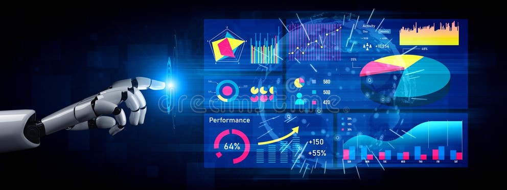 Robotic Hand Interacting with Futuristic Data Visualization on Digital Screen Displaying Charts ...