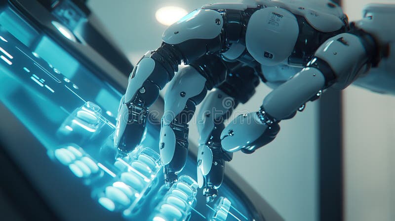 Robotic Hand Interacting with Futuristic Digital Interface Stock Image ...