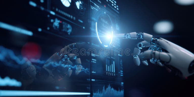 The Robotic Hand Interacting with a Futuristic Digital Interface Displaying Data Visualizations ...