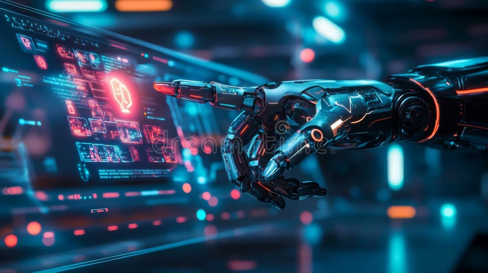 Robotic Hand Interacting with Futuristic Interface Display Stock Image ...