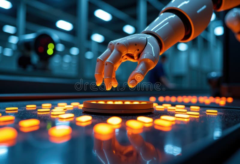 Robotic Hand Interacting with Glowing Buttons in a Modern Industrial ...