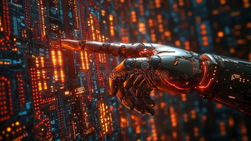 Robotic Hand Interacting with Glowing Digital Interface Stock Illustration - Illustration of ...