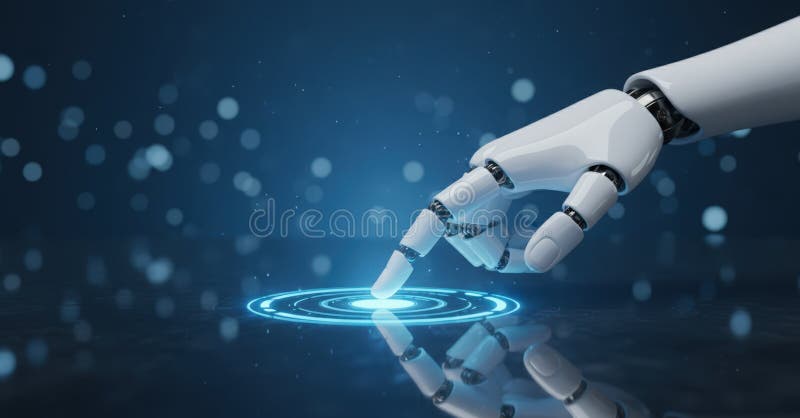Robotic Hand Interacting with a Glowing Digital Interface, Symbolizing Artificial Intelligence ...