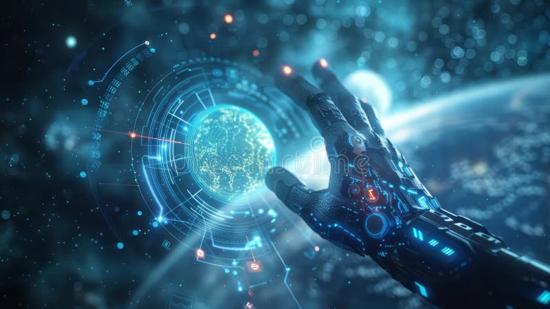 Robotic Hand Interacting with Hologram of Planet Earth in Space Stock ...