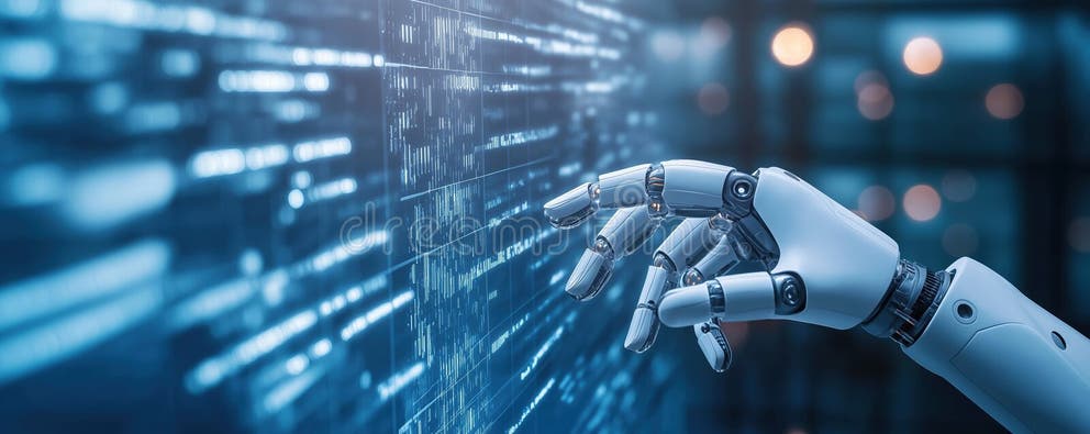 Robotic Hand Interacting with Holographic Data Streams, Symbolizing AI ...