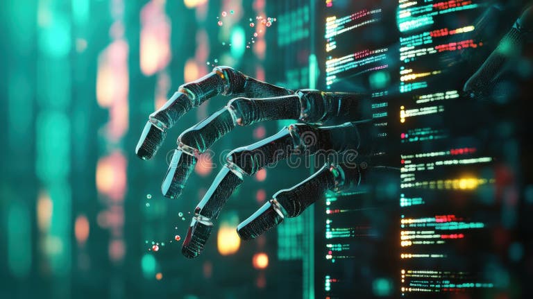 Robotic Hand Interacting with Innovative Manufacturing Code on Futuristic Display Stock Image ...