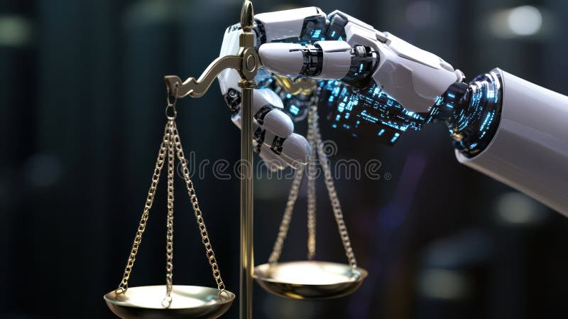 Robotic Hand Interacting with Justice Scales Symbolizing AI Ethics and ...
