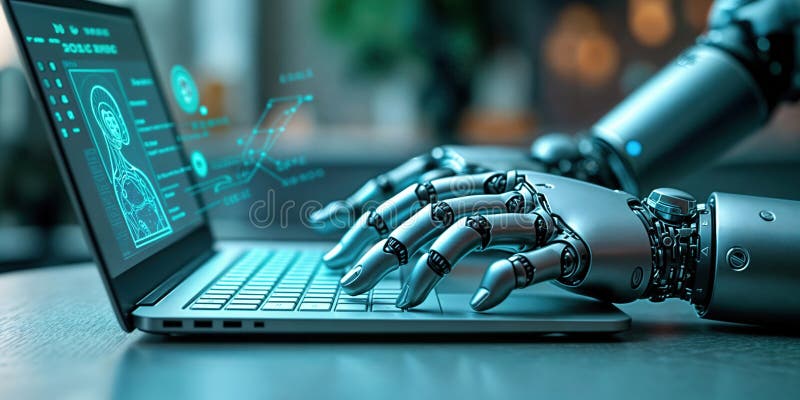 Robotic Hand Interacting with a Laptop Display Stock Illustration ...