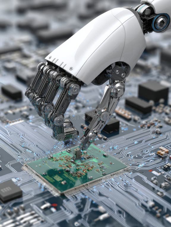 Robotic Hand Interacting with Microchip on Circuit Board in a High-Tech ...