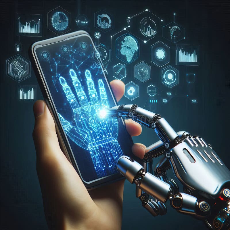 Robotic Hand Interacting with Smartphone, Digital Interface Stock Photo ...