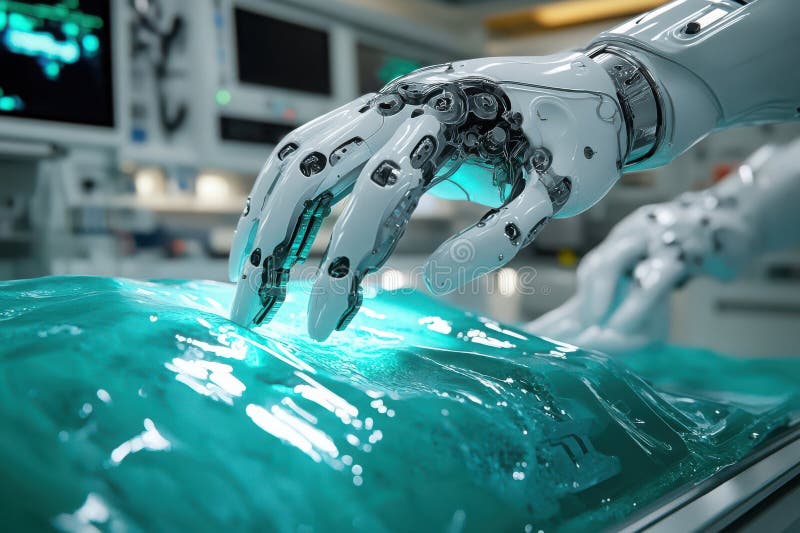 Robotic Hand Interacting with Teal Surface in a Sterile Medical Setting ...
