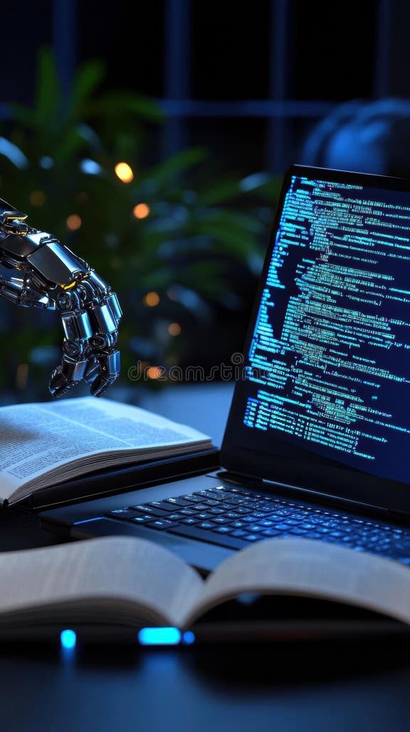 Robotic Hand Interacts with Code and Books, Exploring the Future of AI and Knowledge Acquisition ...