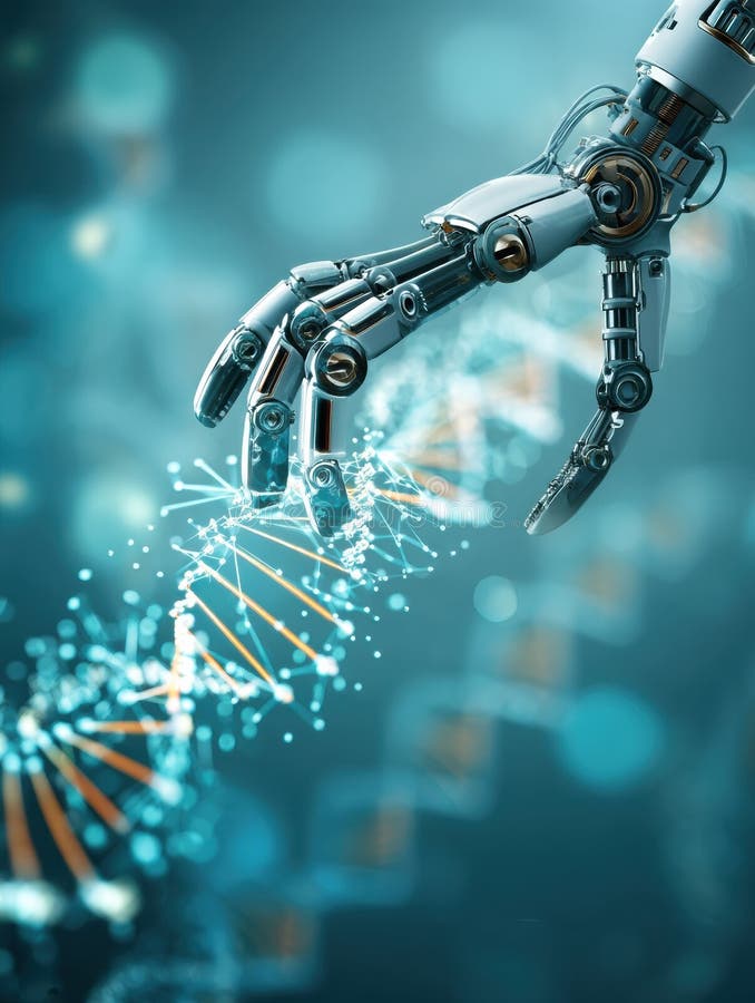 Robotic Hand Engages with a Digital DNA Strand in a Futuristic Setting ...