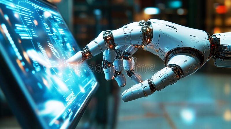 Robotic Hand Interacts with Digital Screen in Futuristic Setting. Ai ...