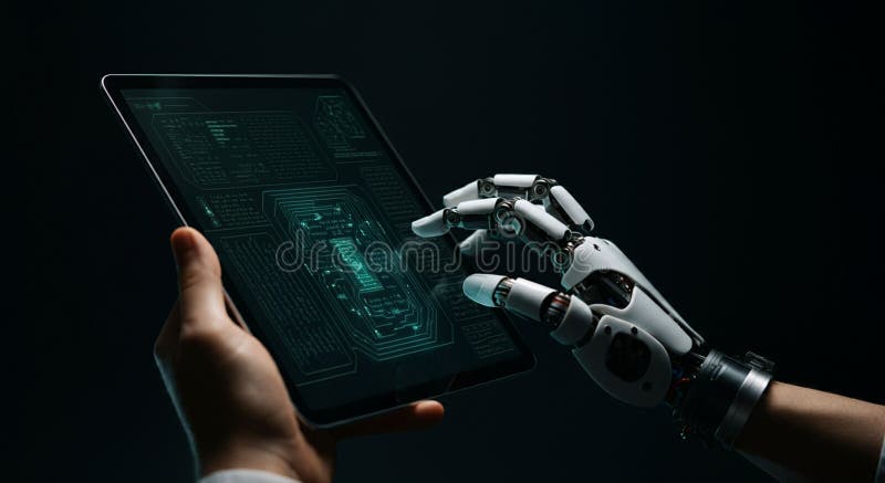 A Robotic Hand Interacts with a Digital Tablet Displaying Circuit-like ...