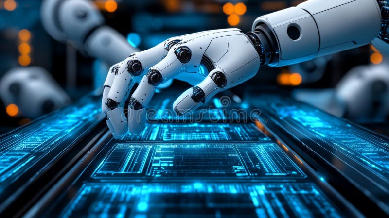 Robotic Hand Interacts with Futuristic Circuitry, Digital ...