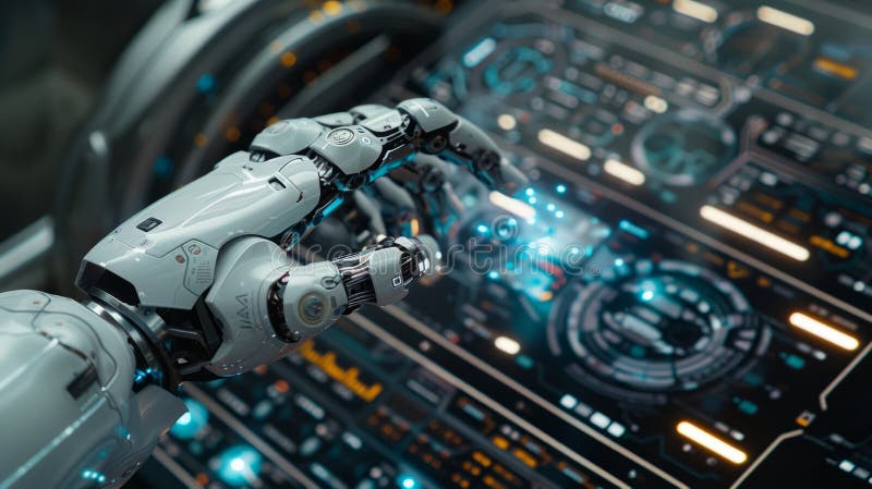A Robotic Hand Interacts with a Futuristic Control Panel with ...