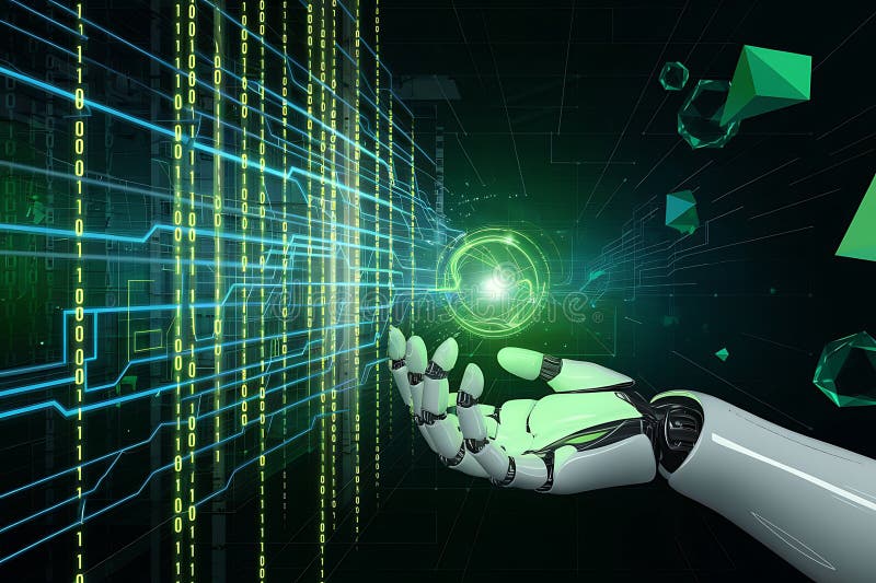 Robotic Hand Interacting with Digital Binary Data Stream Stock ...