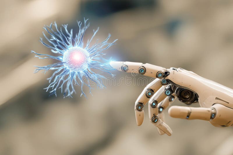 Robotic Hand Interacts Glowing Neural Network Core Advanced Lab ...