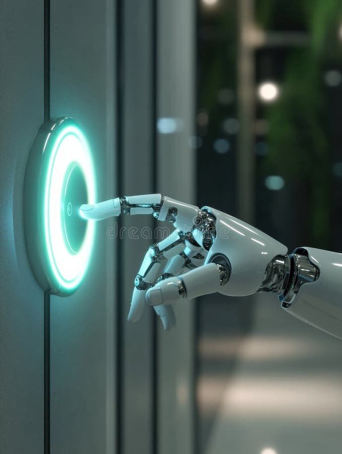 Robotic Hand Interacts Glowing Virtual Button Modern Setting Generative ...