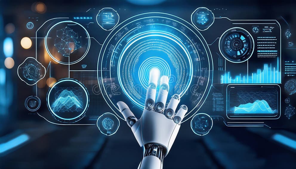 Robotic Hand Interacts with Holographic Dashboard Showcasing Data Science Algorithms and ...