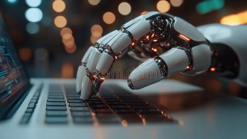 A Robotic Hand Interacts with Laptop, Showcasing Advanced Technology ...