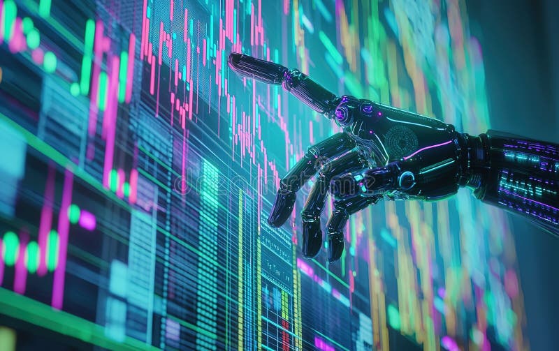 A Robotic Hand Interacts with Vibrant Data Visualizations on a Digital ...