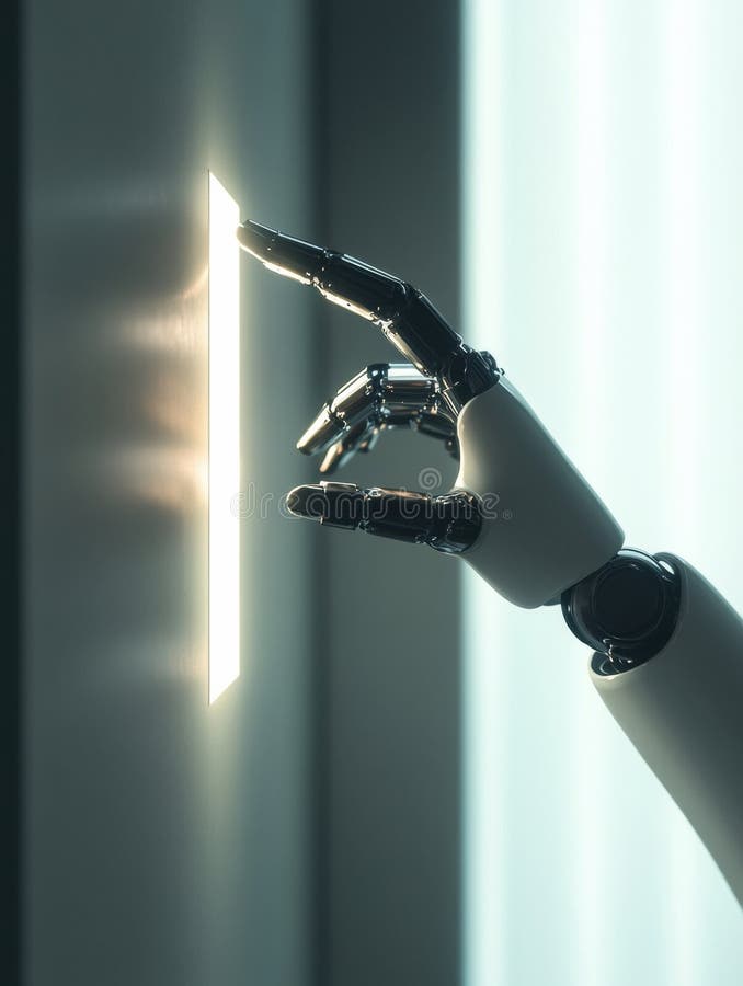 Robotic Hand Interacts with Virtual Glowing Button in Futuristic ...
