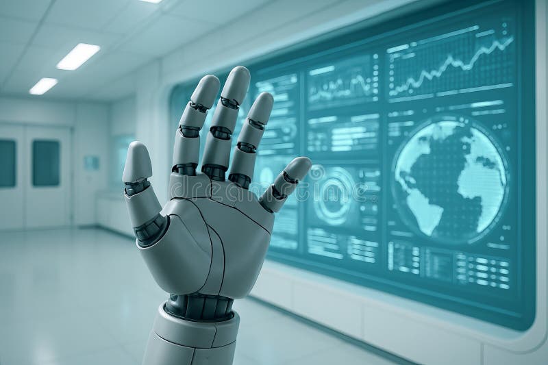 Robotic Hand Interface with Digital Display in Futuristic Lab Environment. Concept of Artificial ...