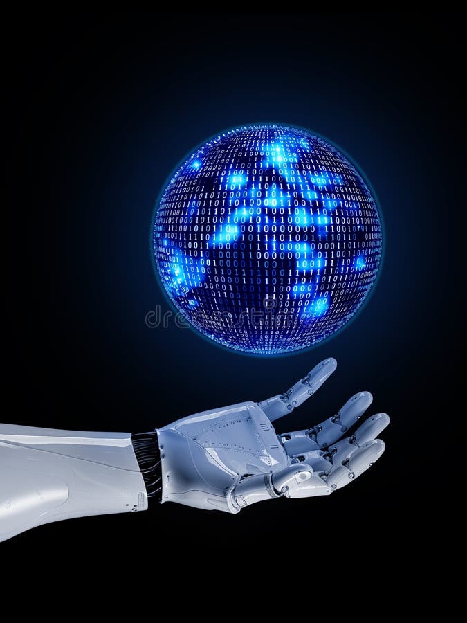 Robotic Hand Manipulates World Globe Made of Binary Code Stock ...