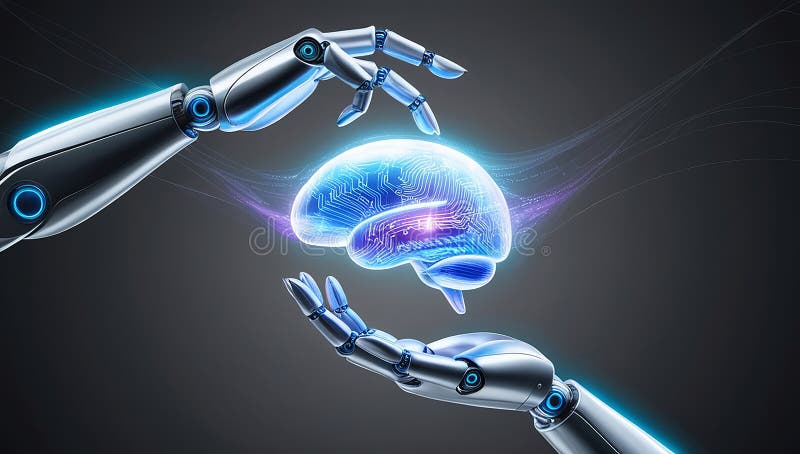 Robotic Hand Manipulating a Digital Holographic Brain, Symbolizing the ...