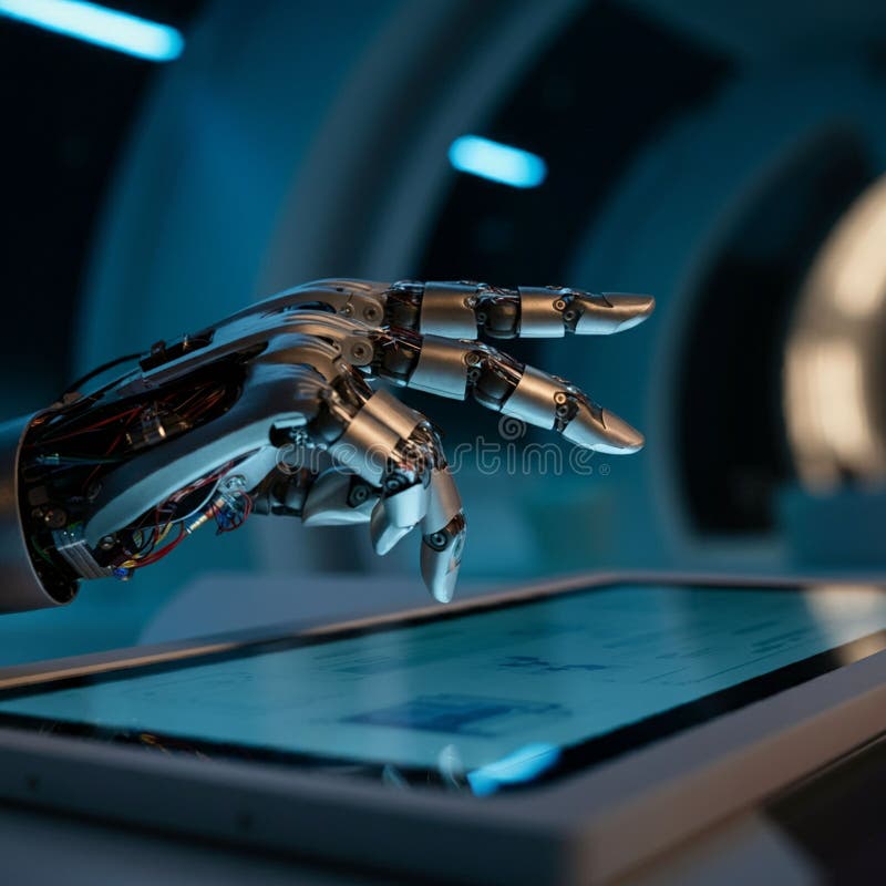 A Robotic Hand with Metallic Fingers and Visible Wiring Interacts with ...