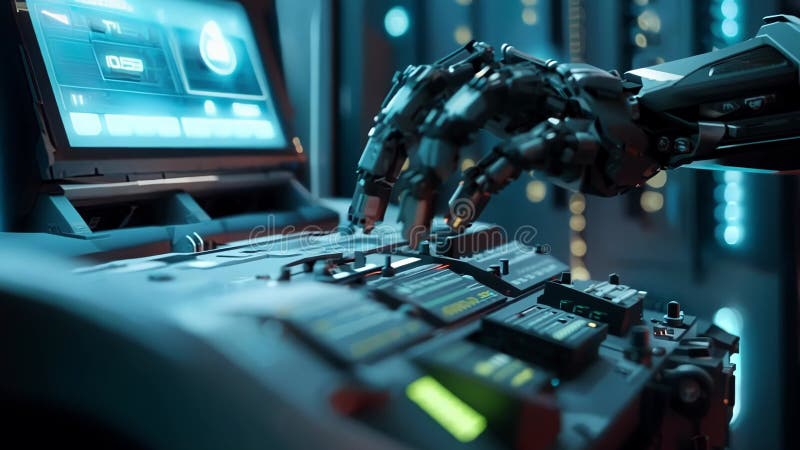 Robotic Hand Operating Control Panel in Futuristic Setting Stock ...