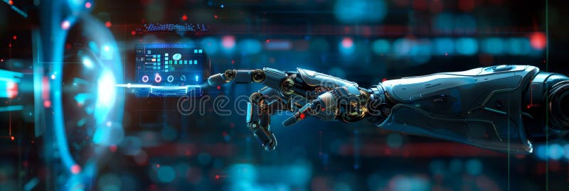 Robotic Hand Operating Futuristic Control Panel. High-tech Innovation ...