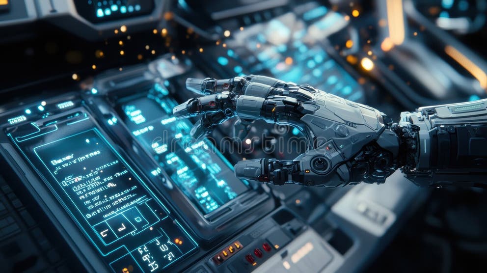 Robotic Hand Operating Futuristic Control Panel in Spaceship Cockpit ...