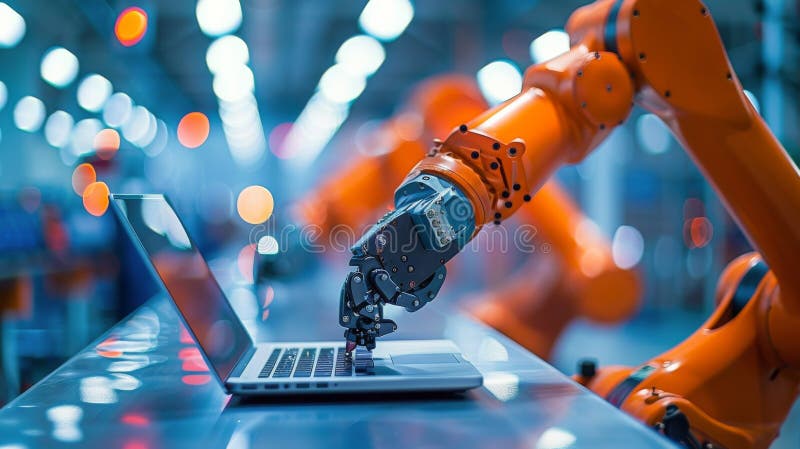 Robotic Hand Operating Laptop on Conveyor Belt Stock Photo - Image of ...