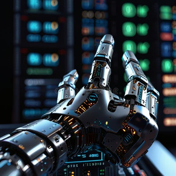 A Robotic Hand Pausing Over a Control Panel Displaying Global Metrics ...