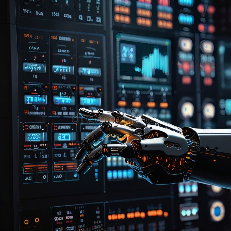 A Robotic Hand Pausing Over a Control Panel Displaying Global Metrics ...