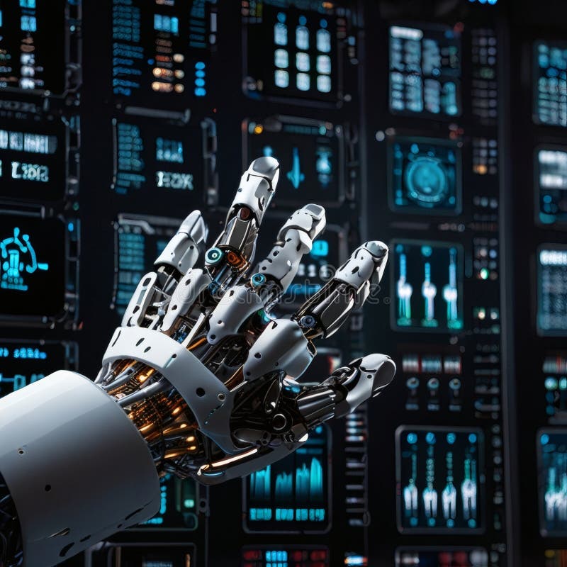A Robotic Hand Pausing Over a Control Panel Displaying Global Metrics ...