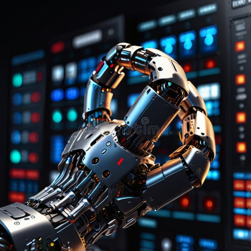 A Robotic Hand Pausing Over a Control Panel Displaying Global Metrics ...