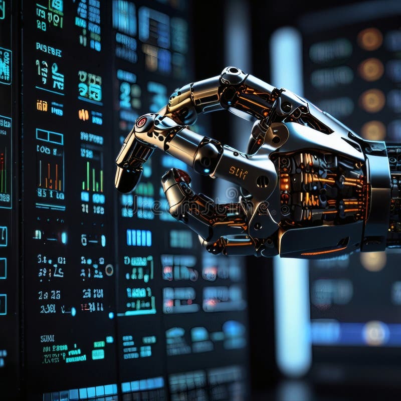 A Robotic Hand Pausing Over a Control Panel Displaying Global Metrics ...