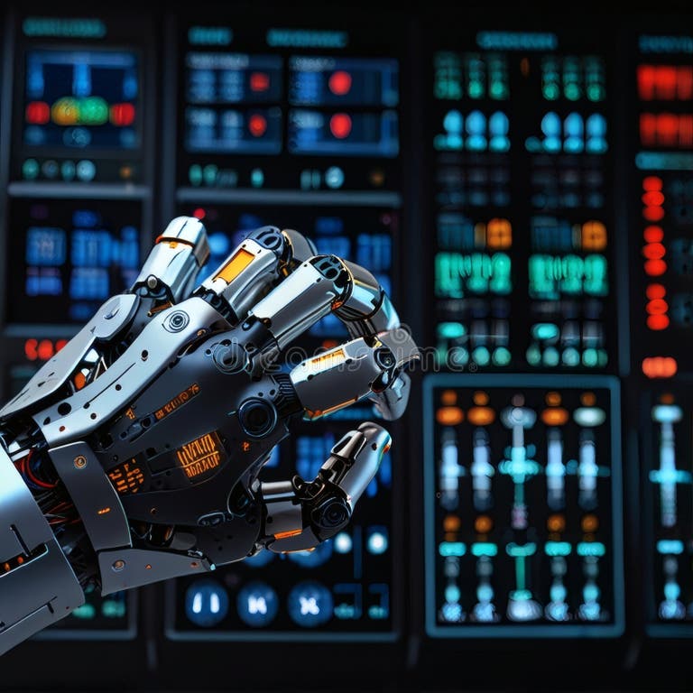 A Robotic Hand Pausing Over a Control Panel Displaying Global Metrics ...