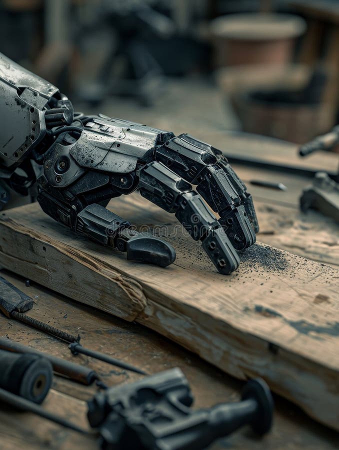 Robotic Hand Performing Precise Work on a Wooden Surface Stock ...