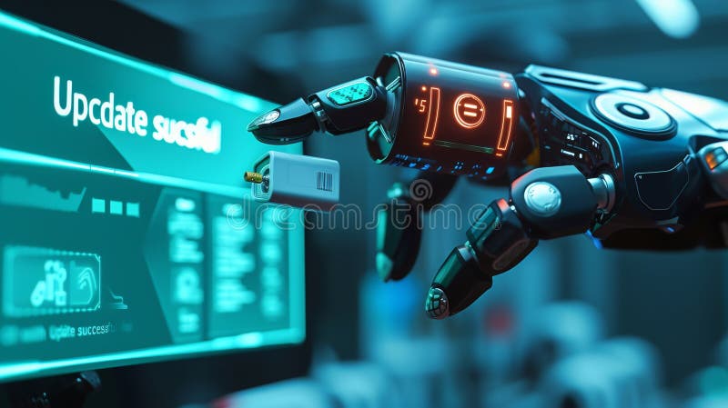 Robotic Hand Performing System Update in Futuristic Setting Stock Photo ...