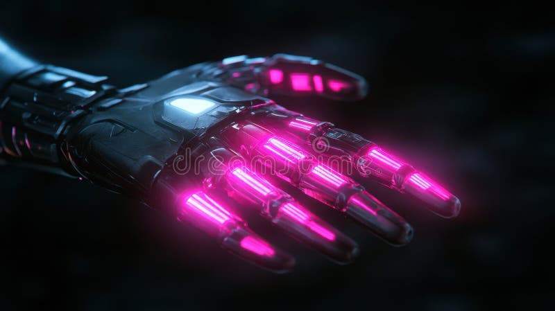 Robotic Hand with Pink Light Isolated on Dark Background Stock ...